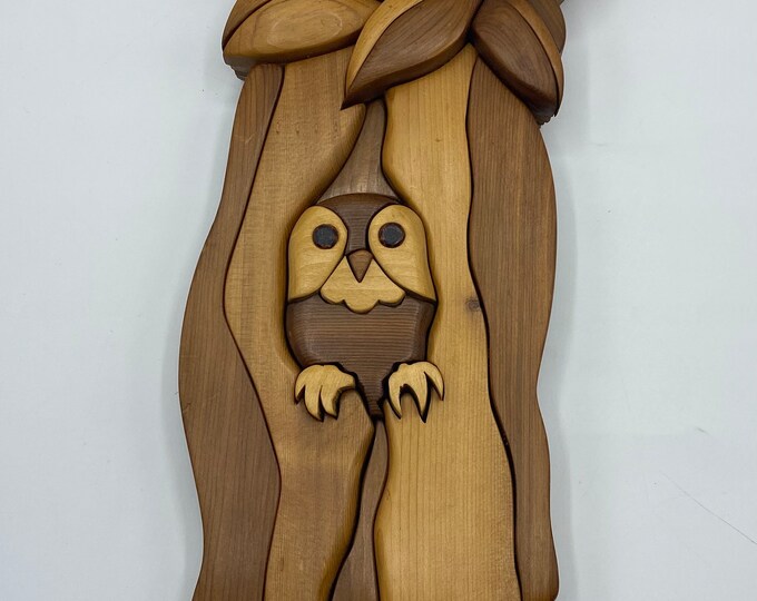Vintage Intarsia Owl Sitting in a Tree Hole Art Wall Plaque, Maker ...