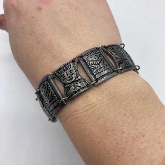 Vintage Aztec Mayan Warrior Panel 900 Silver Bracelet - Gem