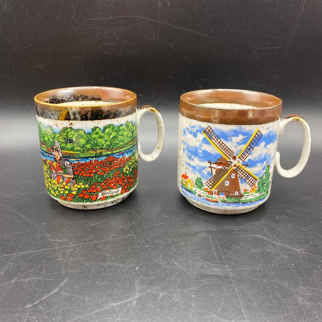 Vintage Speckled Stoneware Dutch Windmill Holland Souvenir Coffee Mugs ...