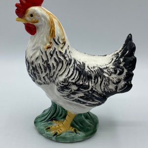 Vintage Lefton Rooster and Hen With Black and White Tiger Feather - Etsy