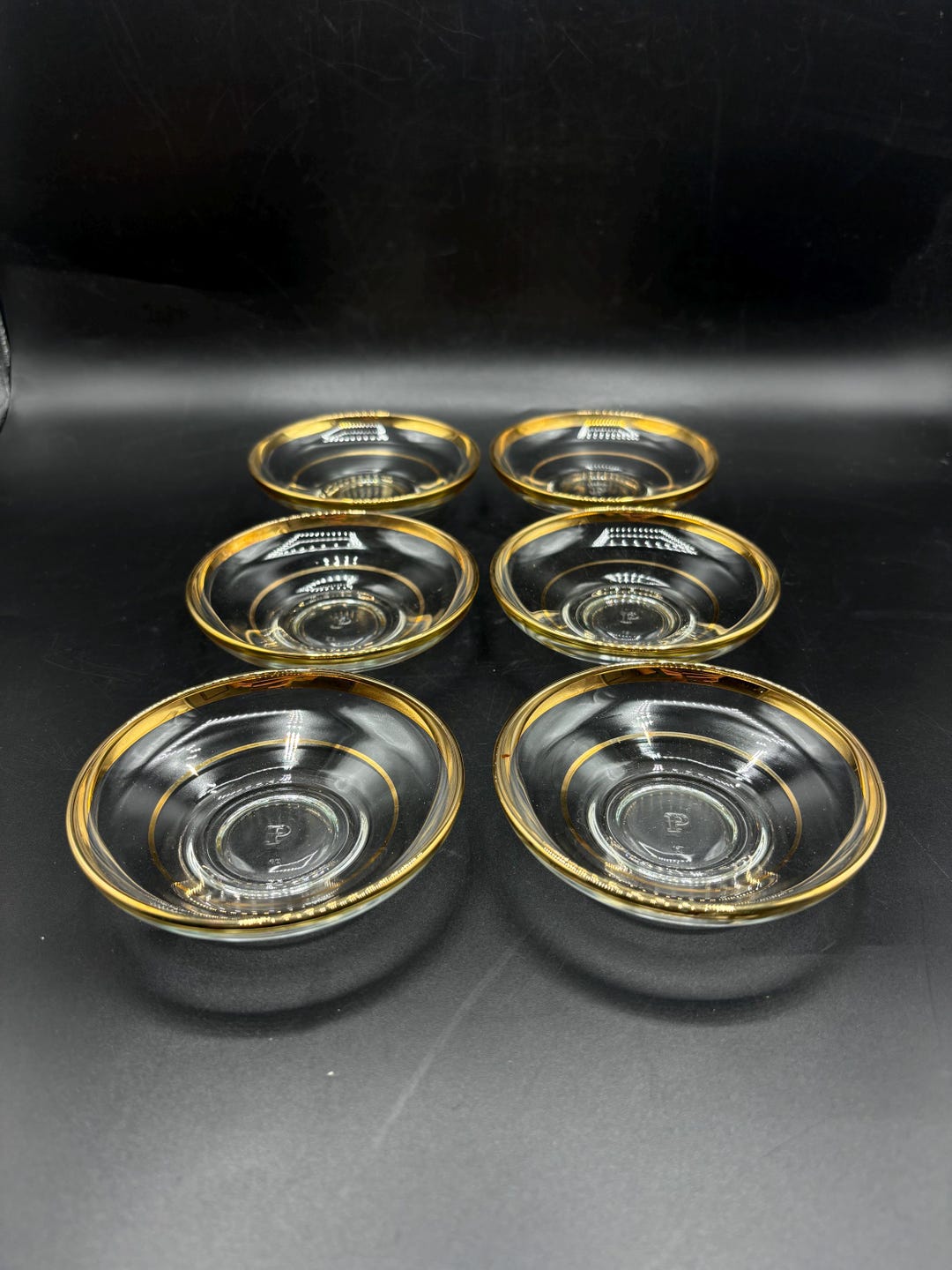 MCM Style Clear Glass Gold Rim Snack Bowl Set of 6, Pasabahce Turkey ...
