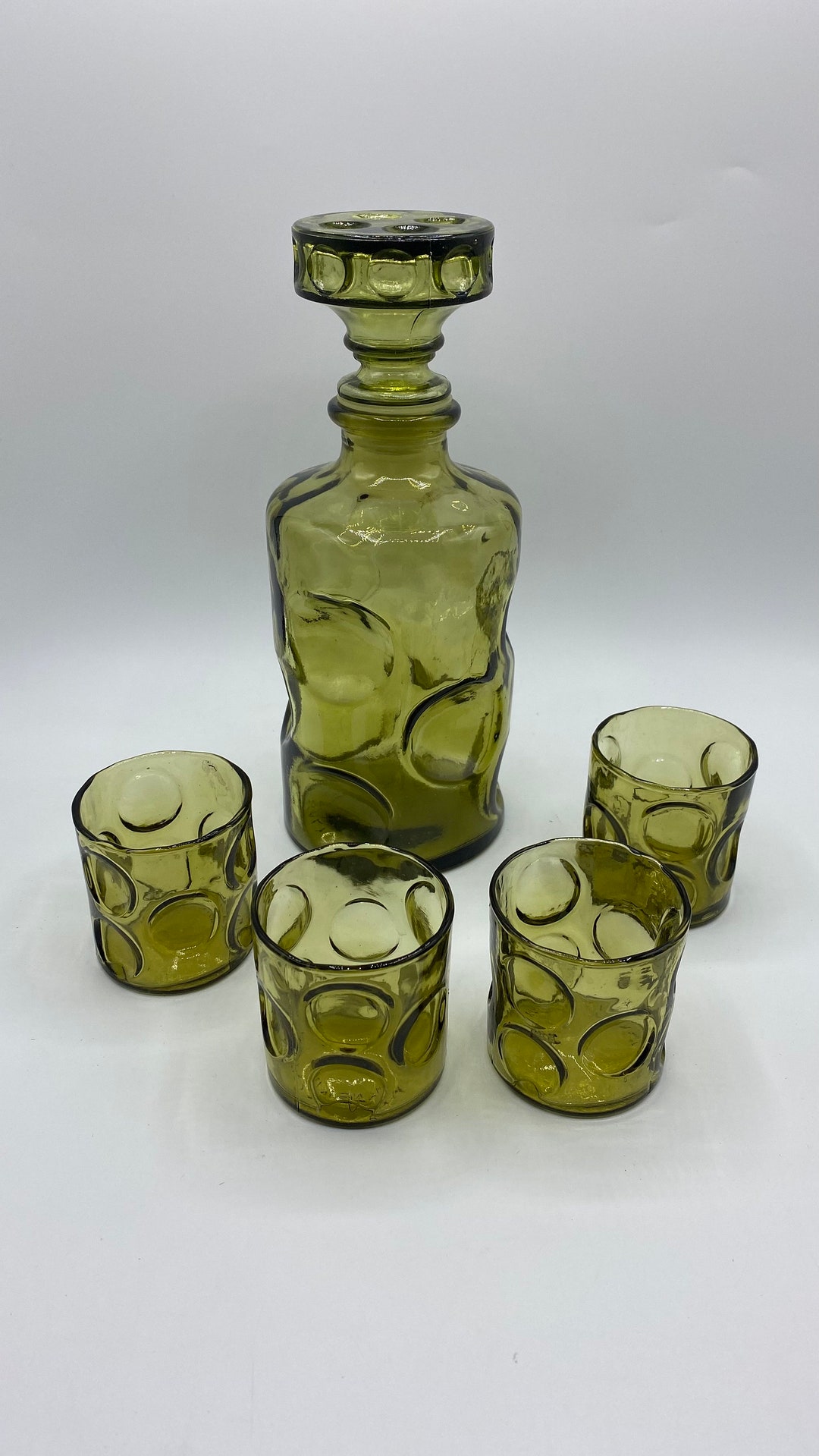 Vintage MCM Italian Empoli Olive Green Dimpled Liquor Decanter Set With ...