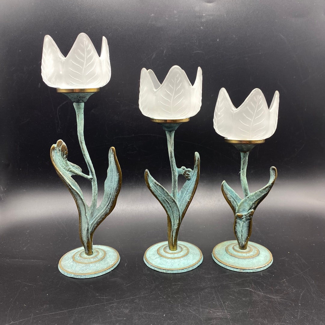 Vintage Verdigris Brass Tulip Candle Holders Set of 3, Design Studio ...