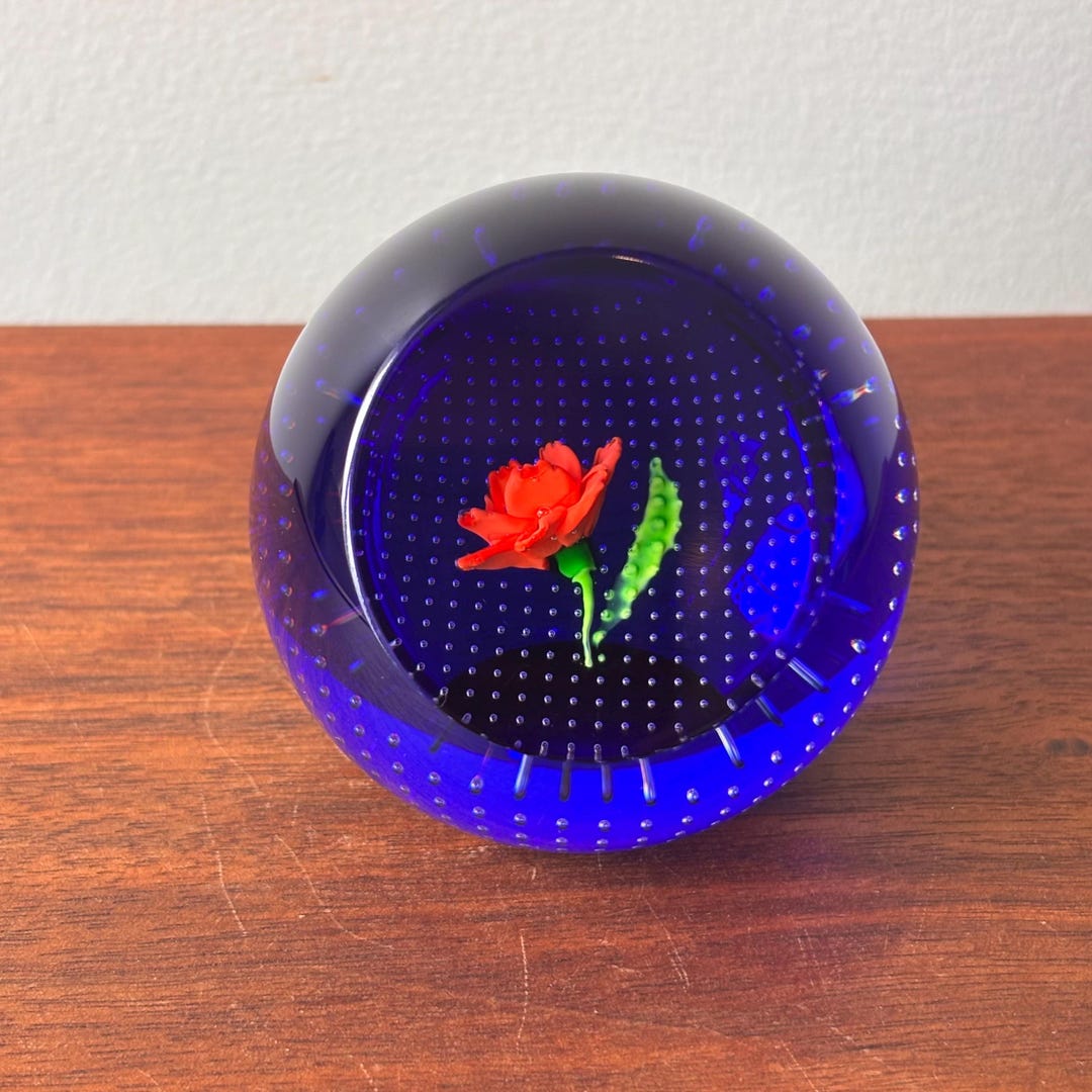 Caithness Glass Cobalt Blue Paperweight: Red Carnation Bullicante ...