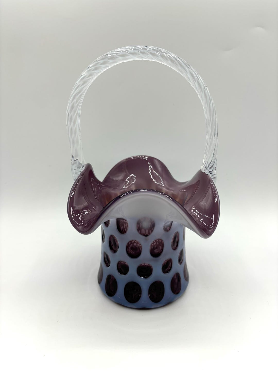 Fenton Amythest Violet Purple Opalescent Coin Dot Glass Basket 8.5 ...