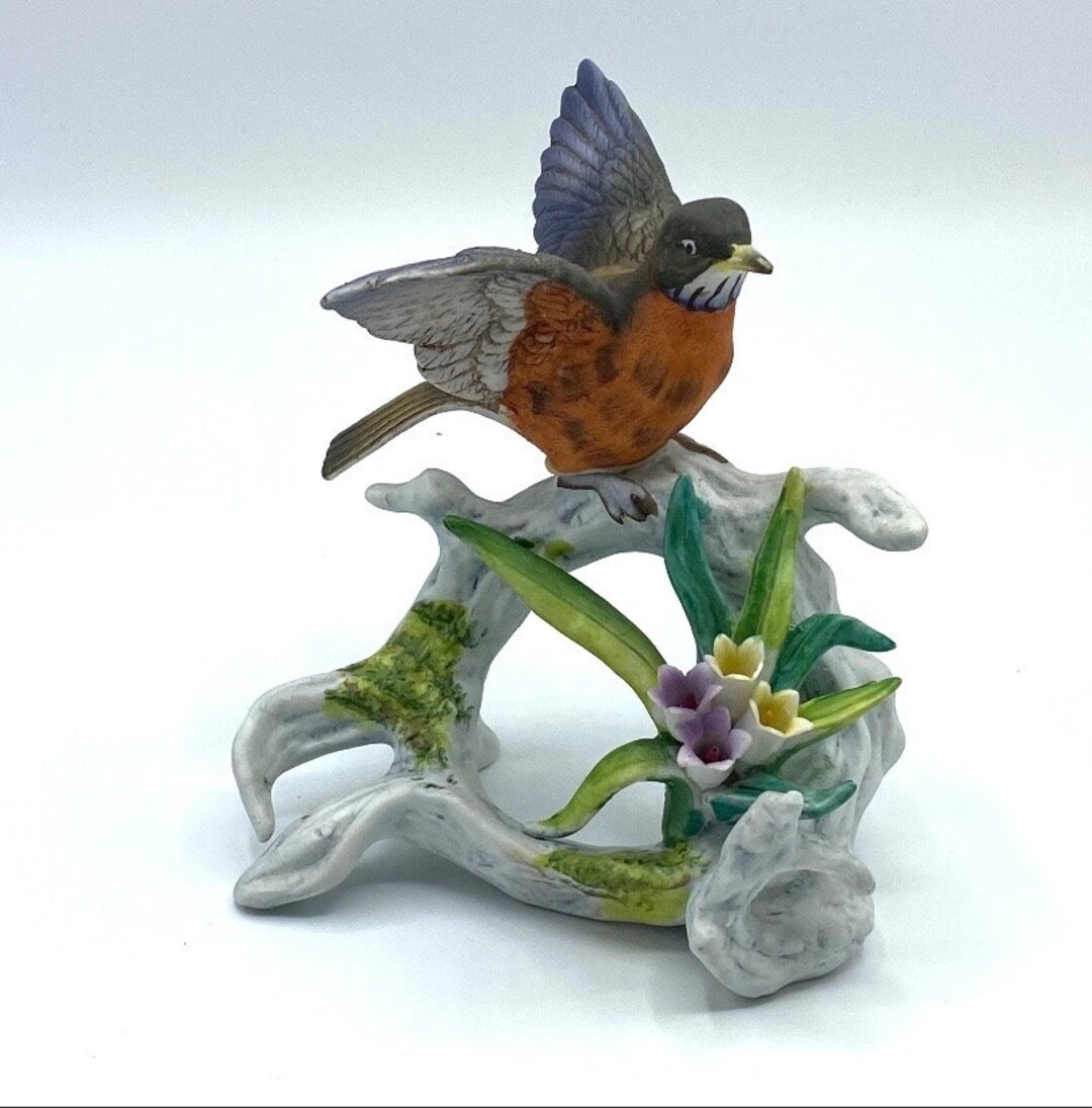 Vintage Bisque Porcelain Bird on Log Figurine, Lefton Japan Red ...