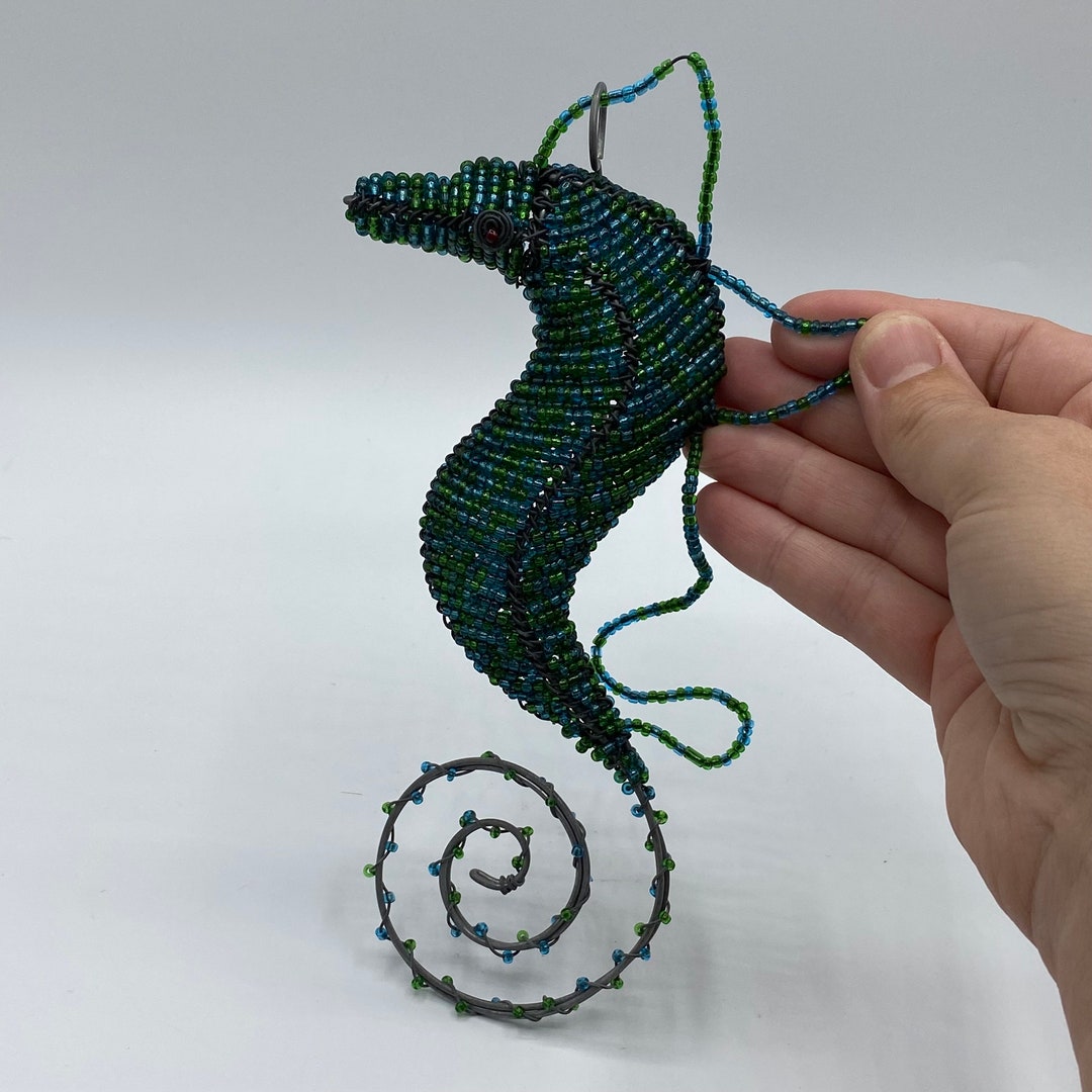 Vintage Wire Beaded Seahorse Art Sculpture Ornament, Handmade Beaded ...