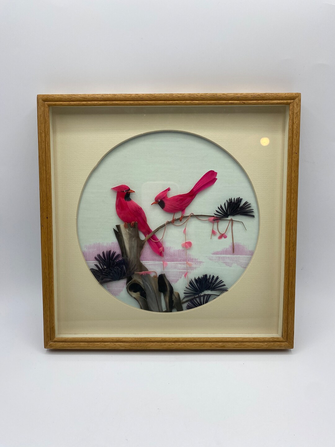Vintage 1970s Asian Flocked Cardinal Birds Shadowbox Wall Hanging Frame ...