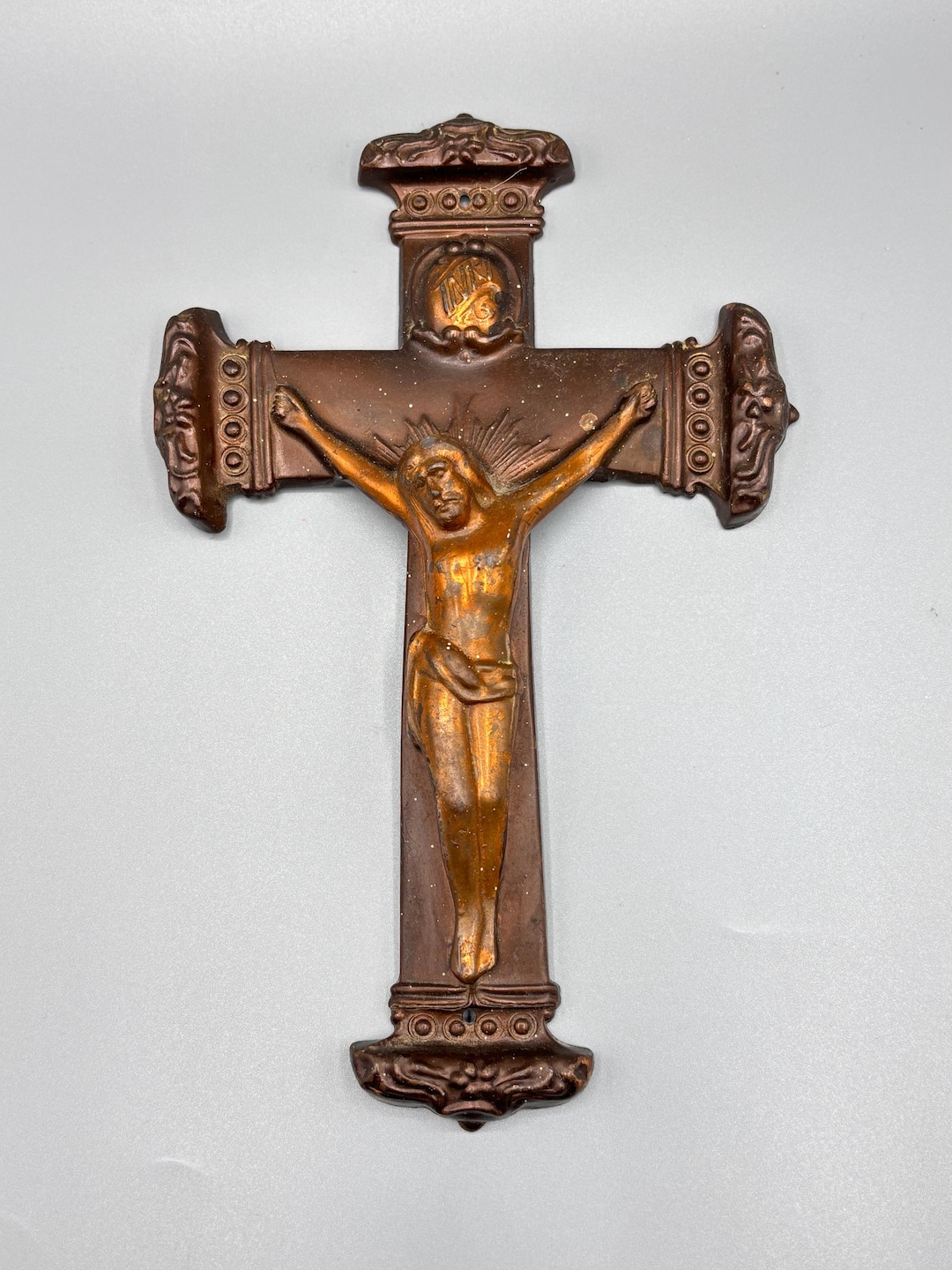 Antique Copper Bronze Cast Catholic Crucafix INRI Jesus on Cross Wall ...