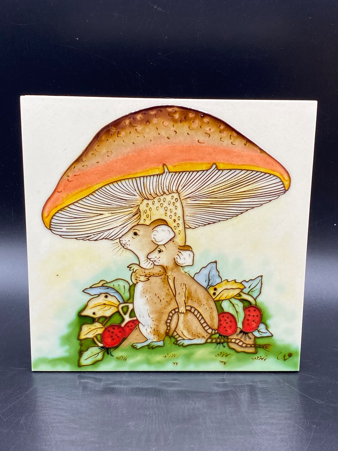 Vintage Red Cap Mushroom With Mice Mouse Tile, Artisan Mushroom Display ...