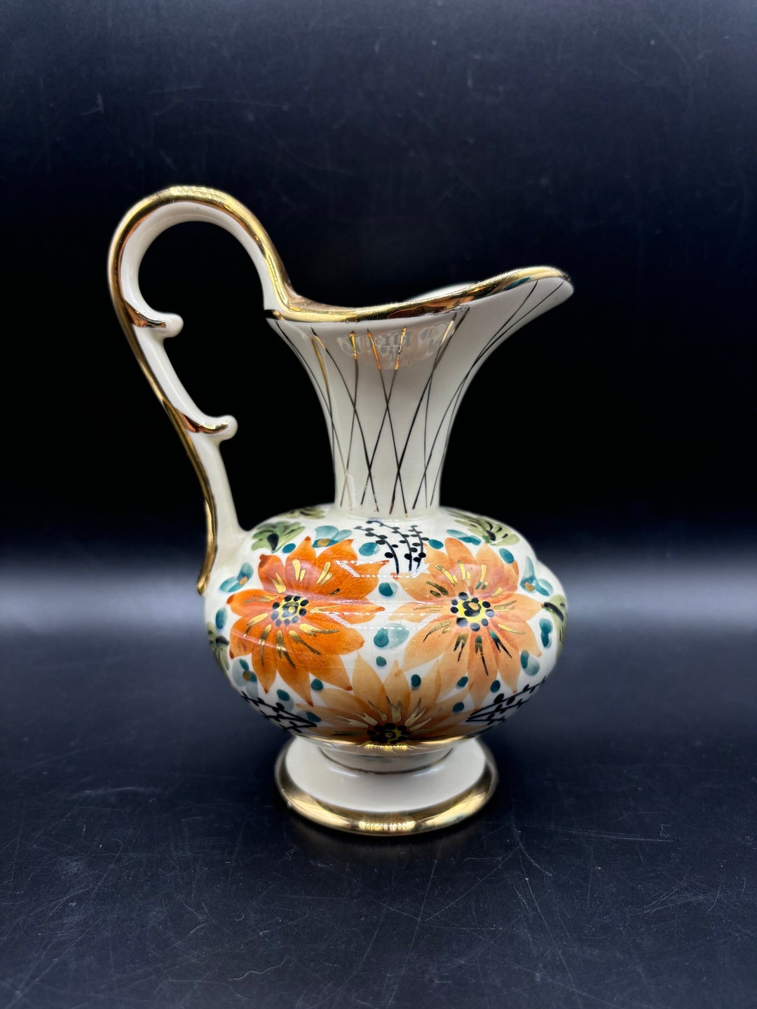 Vintage Wide Mouth Italian Pitcher With Handpainted Orange Flowers and ...