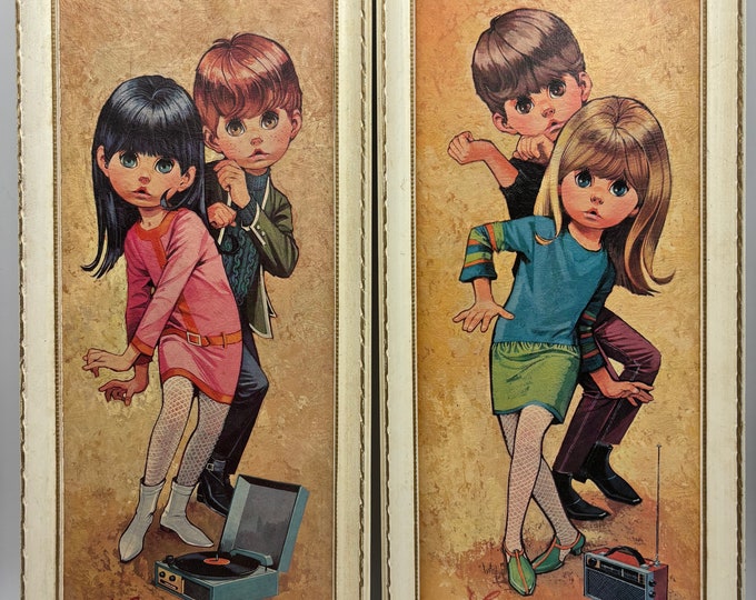 Vintage 1960’s Lee Mod Big Eye Go Go Girl and Boy Dancing Framed Art ...