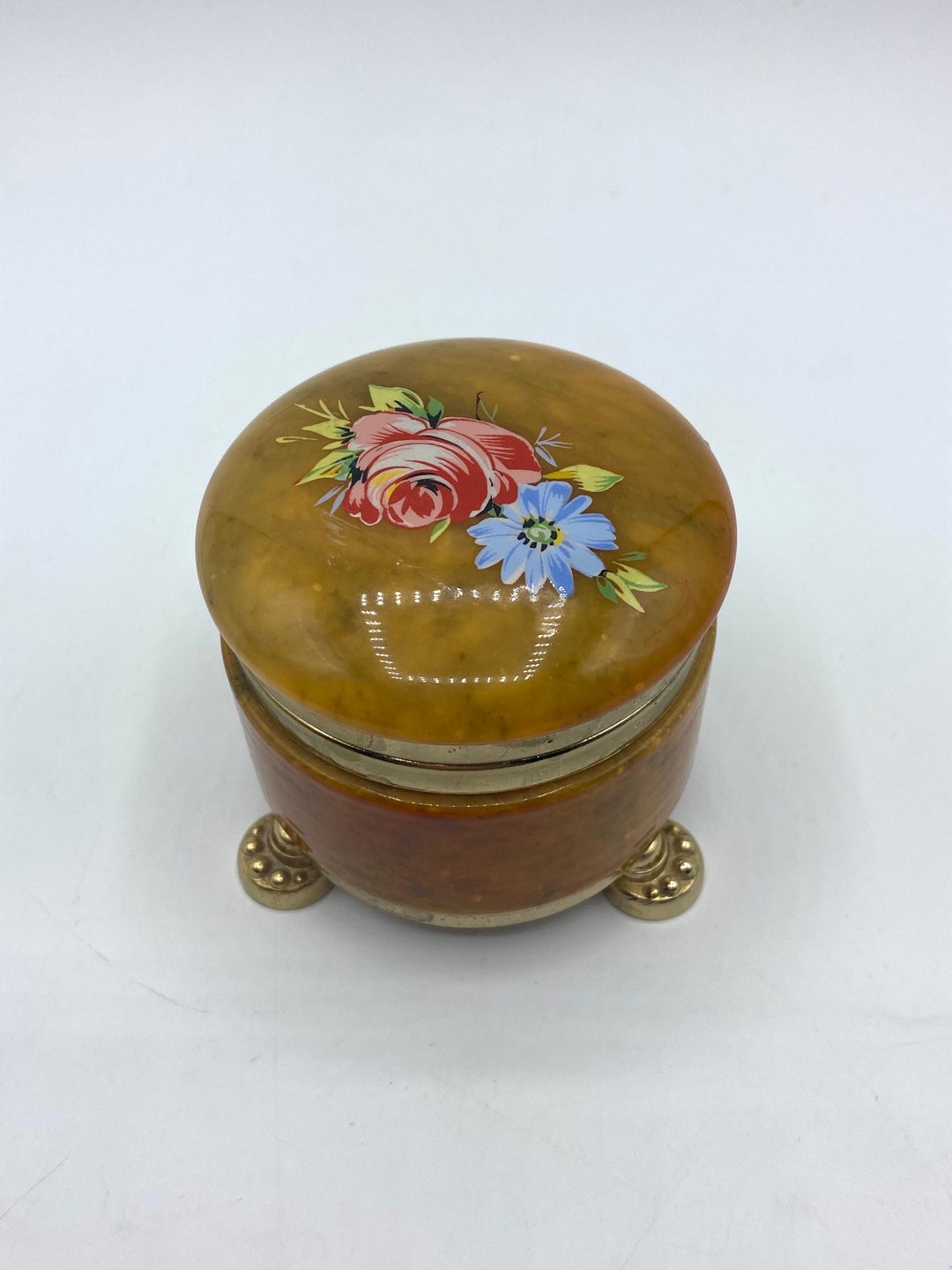 Vintage Italian Amber Alabaster Footed Trinket Box With Applied Floral ...