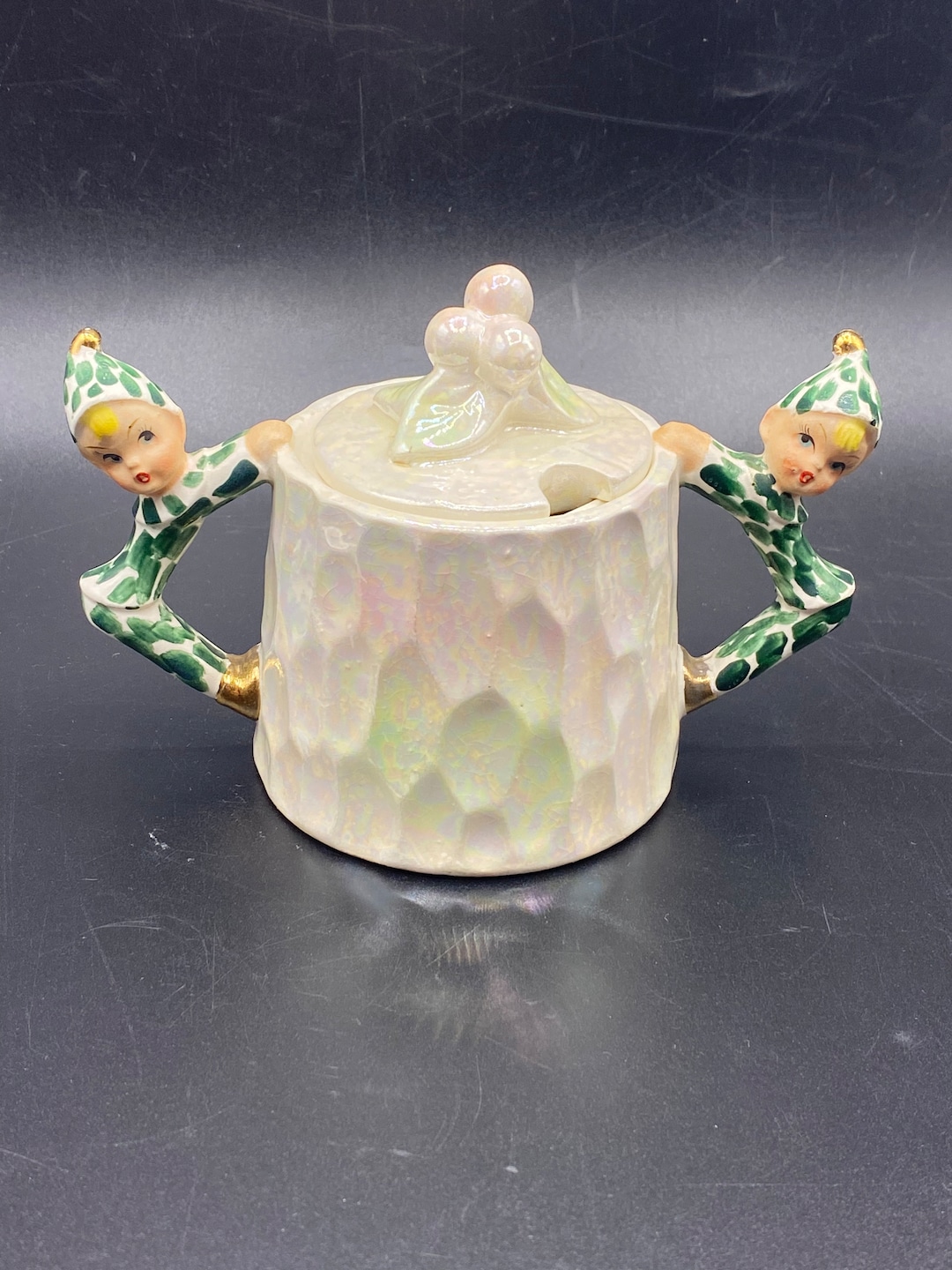 Vintage Lefton Pixie Elf Lusterware Sugar Bowl: Green & Gold Christmas ...
