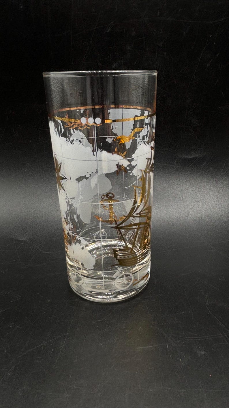 Vintage MCM Nautical Frosted Map Navigation Sailing Motif Tall Glasses ...