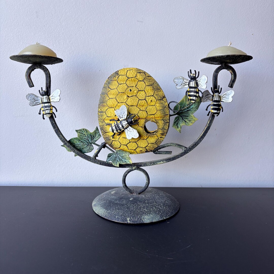 Vintage Rustic Farmhouse Bee’s Swarming Bee Hive Metal Candlestick ...