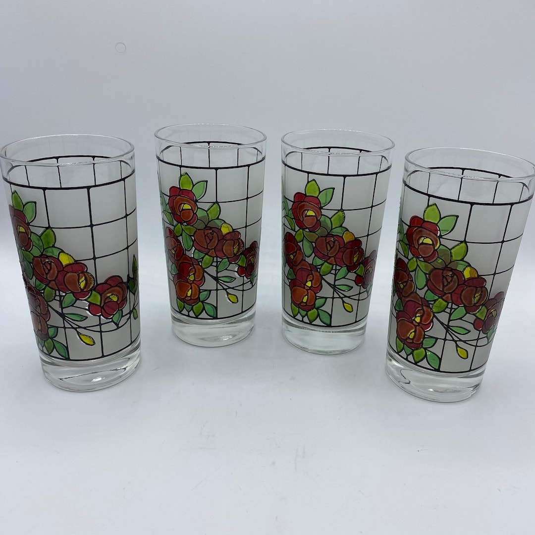 Vintage Stain Glass Red Rose Vine Pattern Cutler High Ball or Water ...