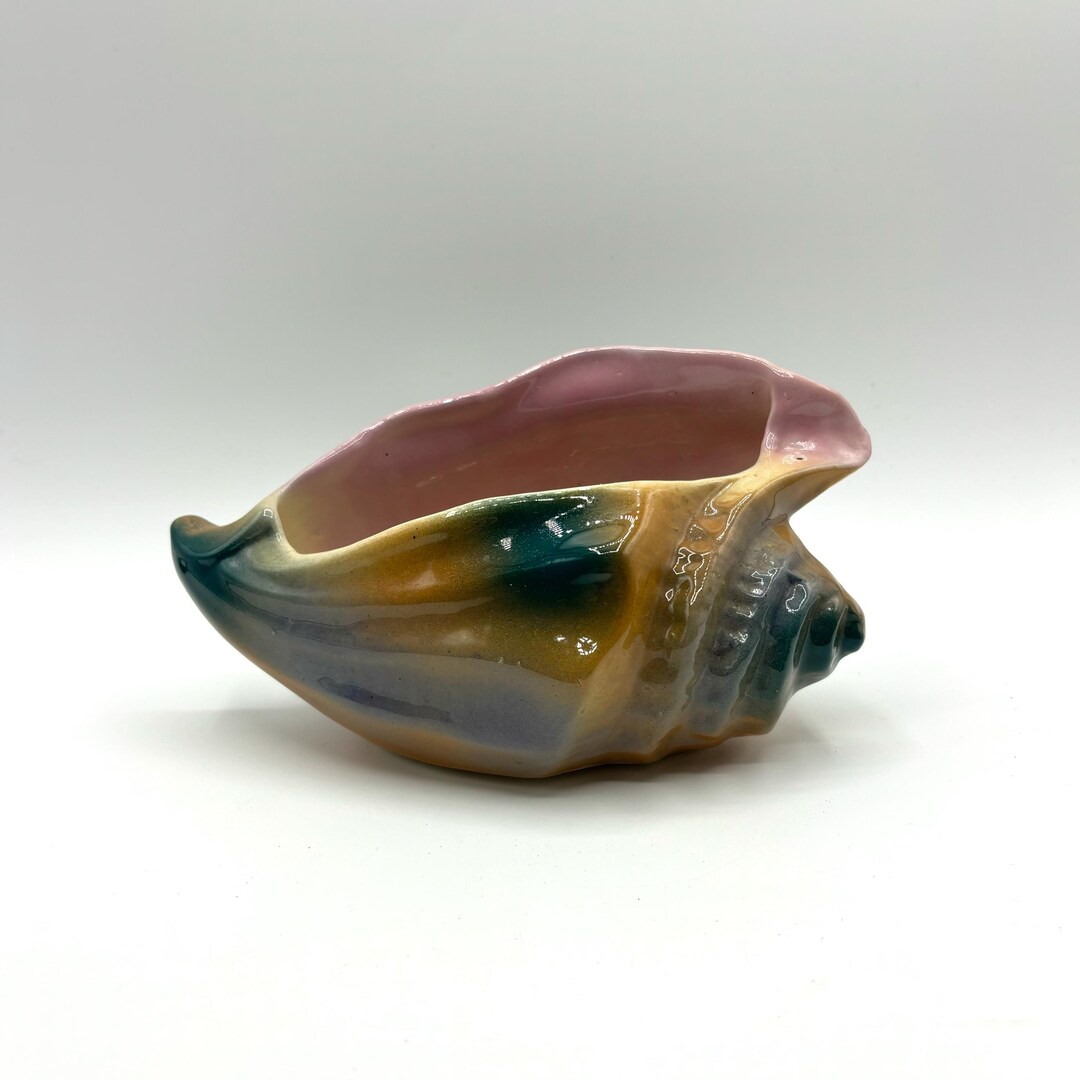 Vintage USA Pottery Shell Conch Planter Blue and Pink Tones, MCM Shell ...