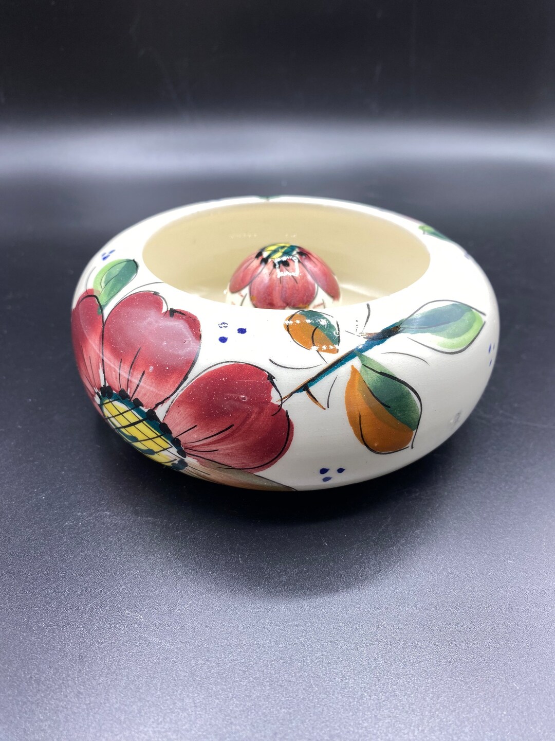 Vintage Hand Painted Floral Pottery Ashtray or Trinket Dish or Bulb ...