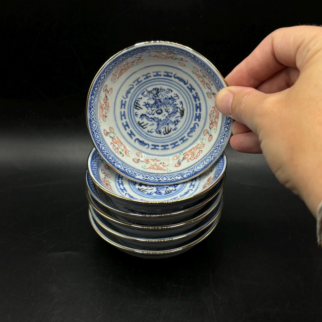 Vintage Tienshan Red & White Flower With Blue Dragon Rice Pattern ...
