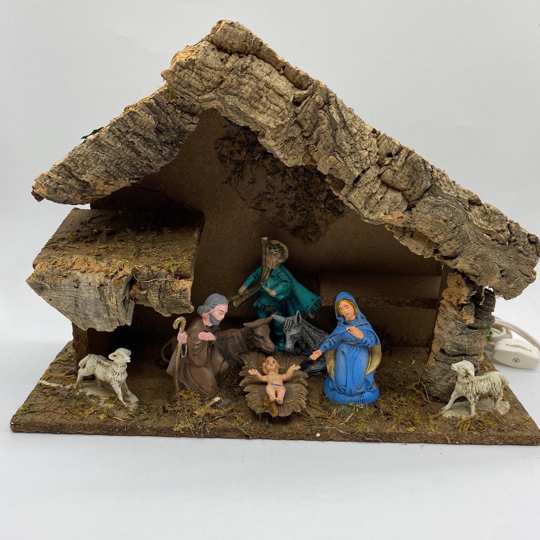 Vintage Italy Nativity Wooden Moss Crèche Nativity With Mary Joseph and ...