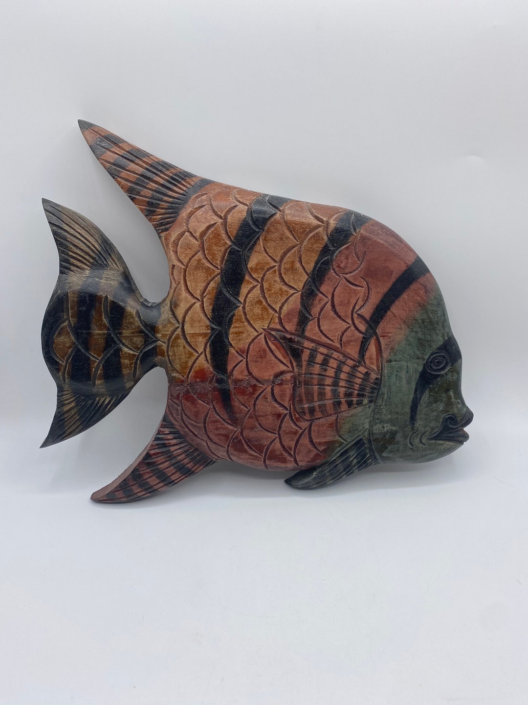 Vintage Solid Carved Wooden Fish Hand Painted Wood Tropical Angel Fish ...