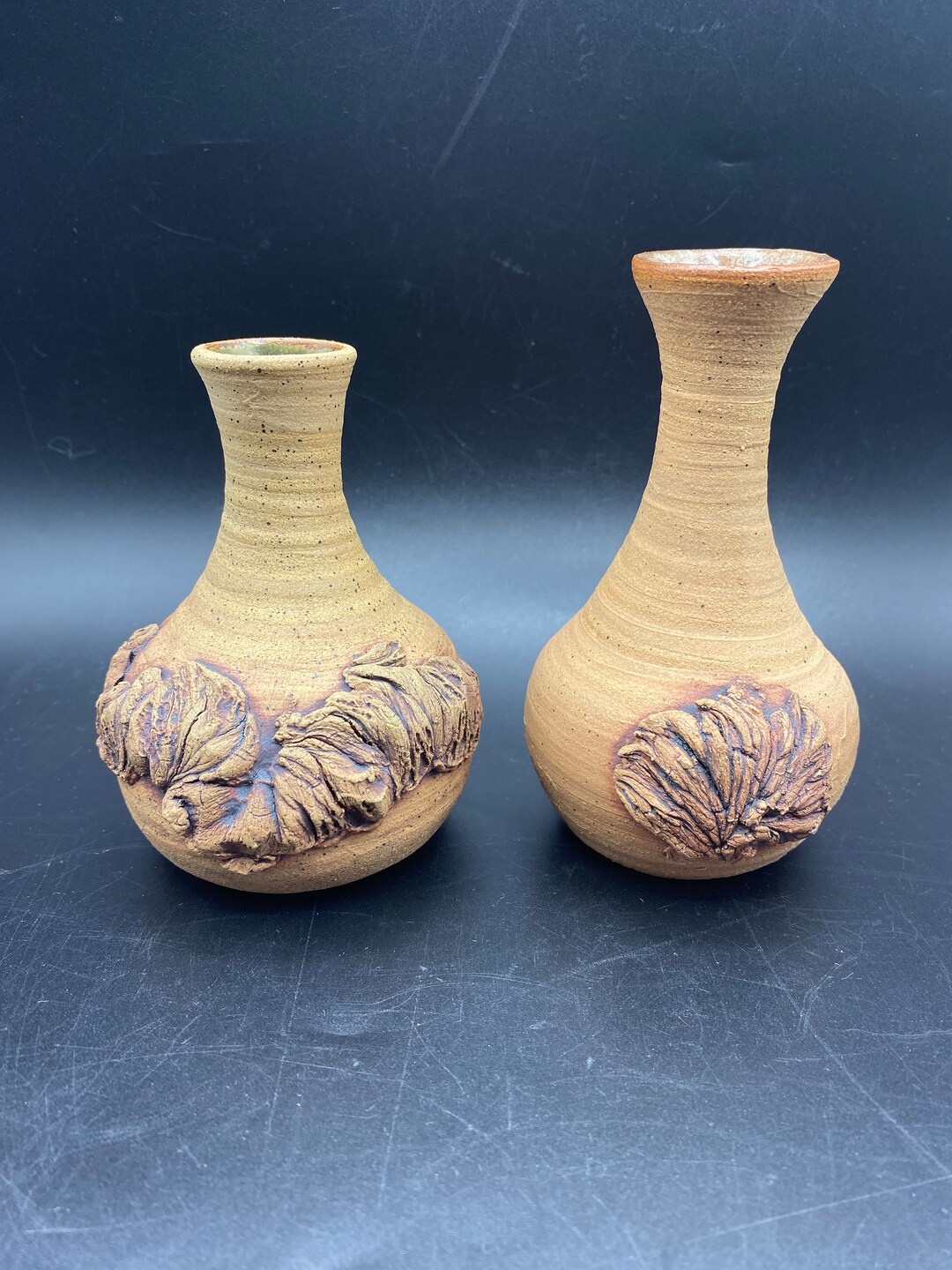Vintage Stoneware Pottery Bud Vases With Chrysanthemum Flower Design ...