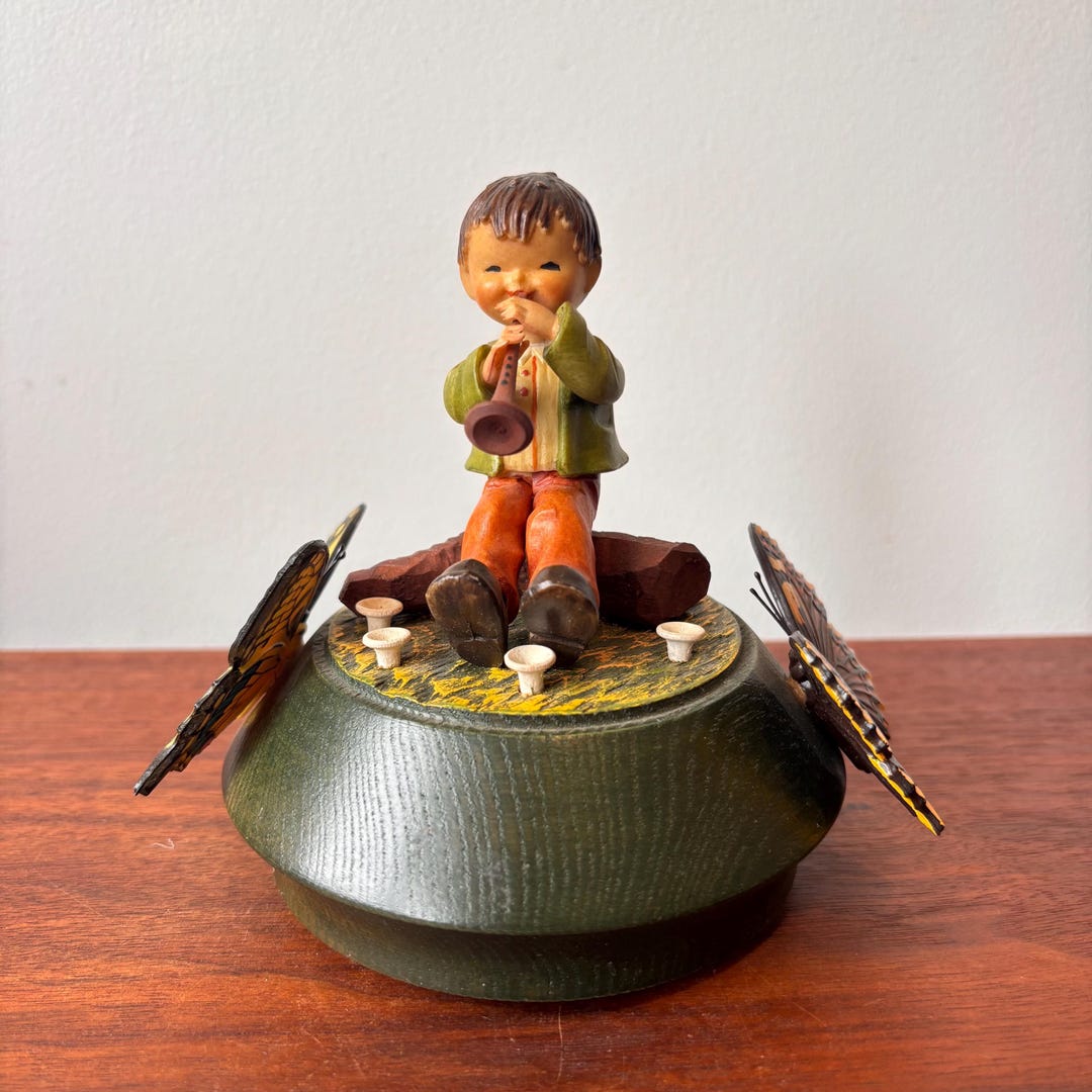 Vintage Anri Music Box Boy Playing Trumpet With Butterflies - Plays ...