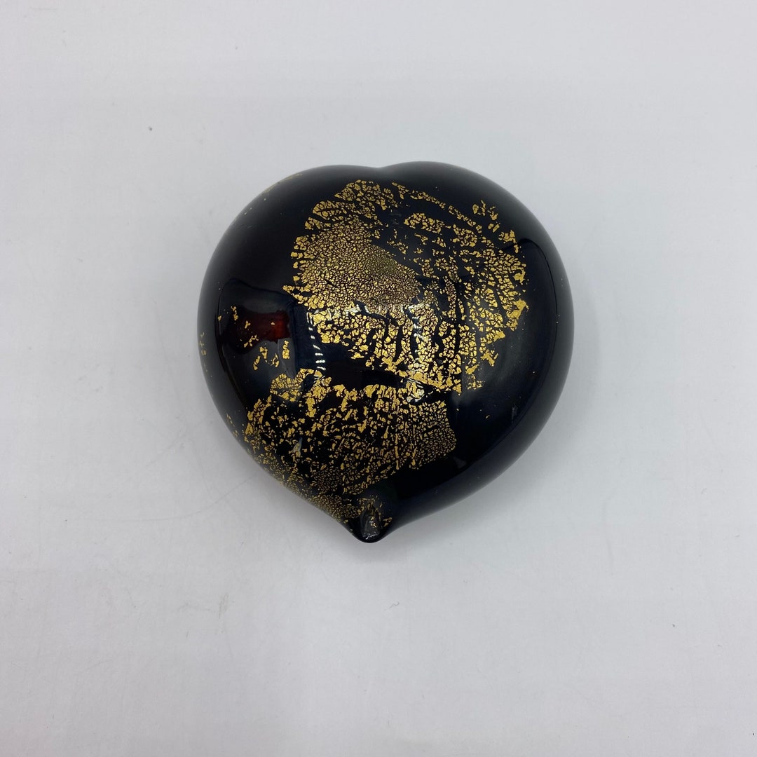 Vintage Michael Harris Art Glass Paperweight: Black & Gold Foil Heart ...