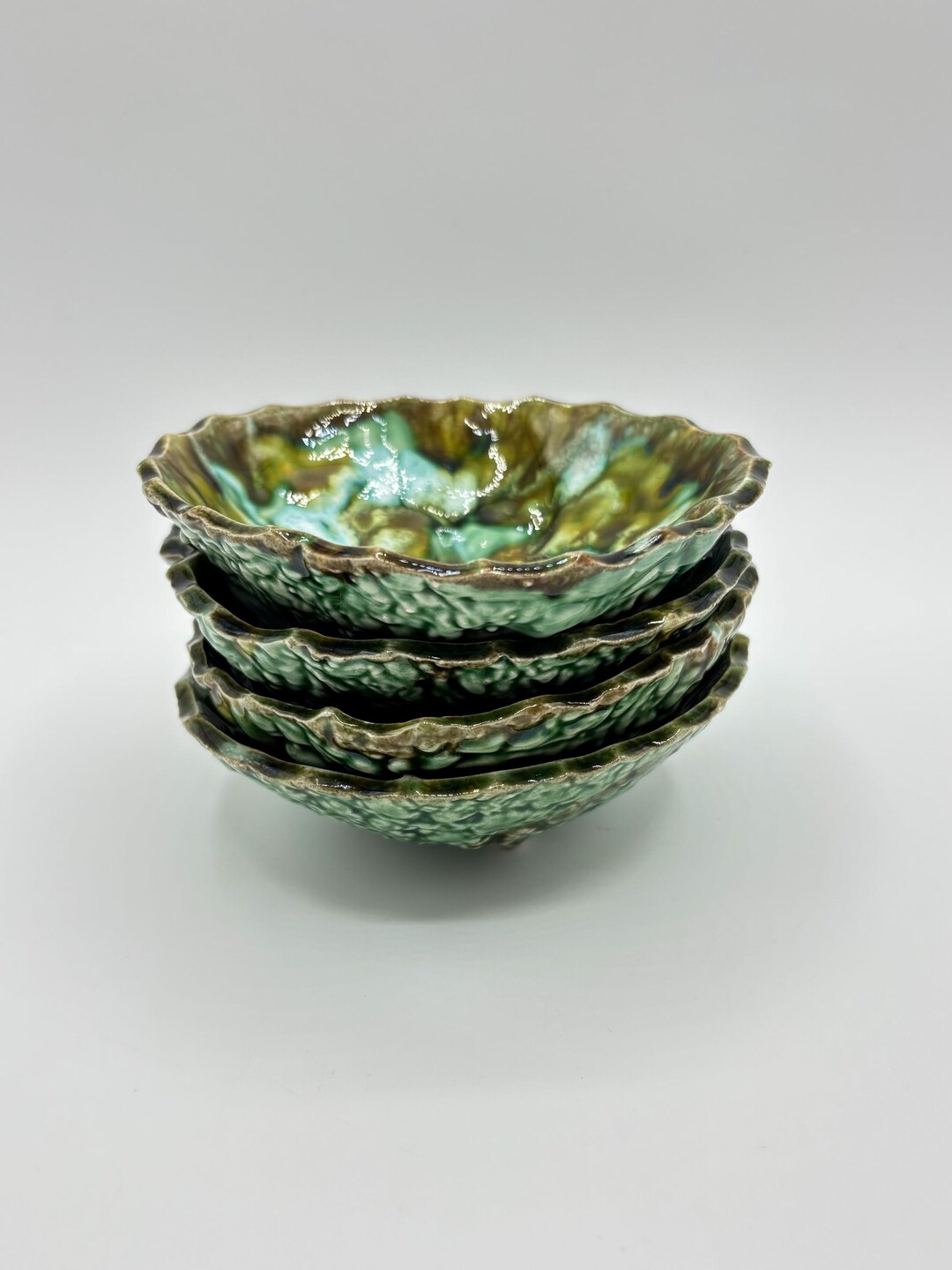 Vintage Majolica Ceramic Cabbageware Footed Bowl Set of 4, Portugal ...