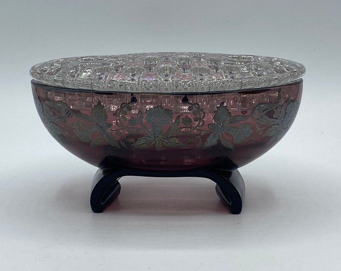 Viking Amethyst Purple Oval Glass Flower Frog With Silver Overlay and 2 ...