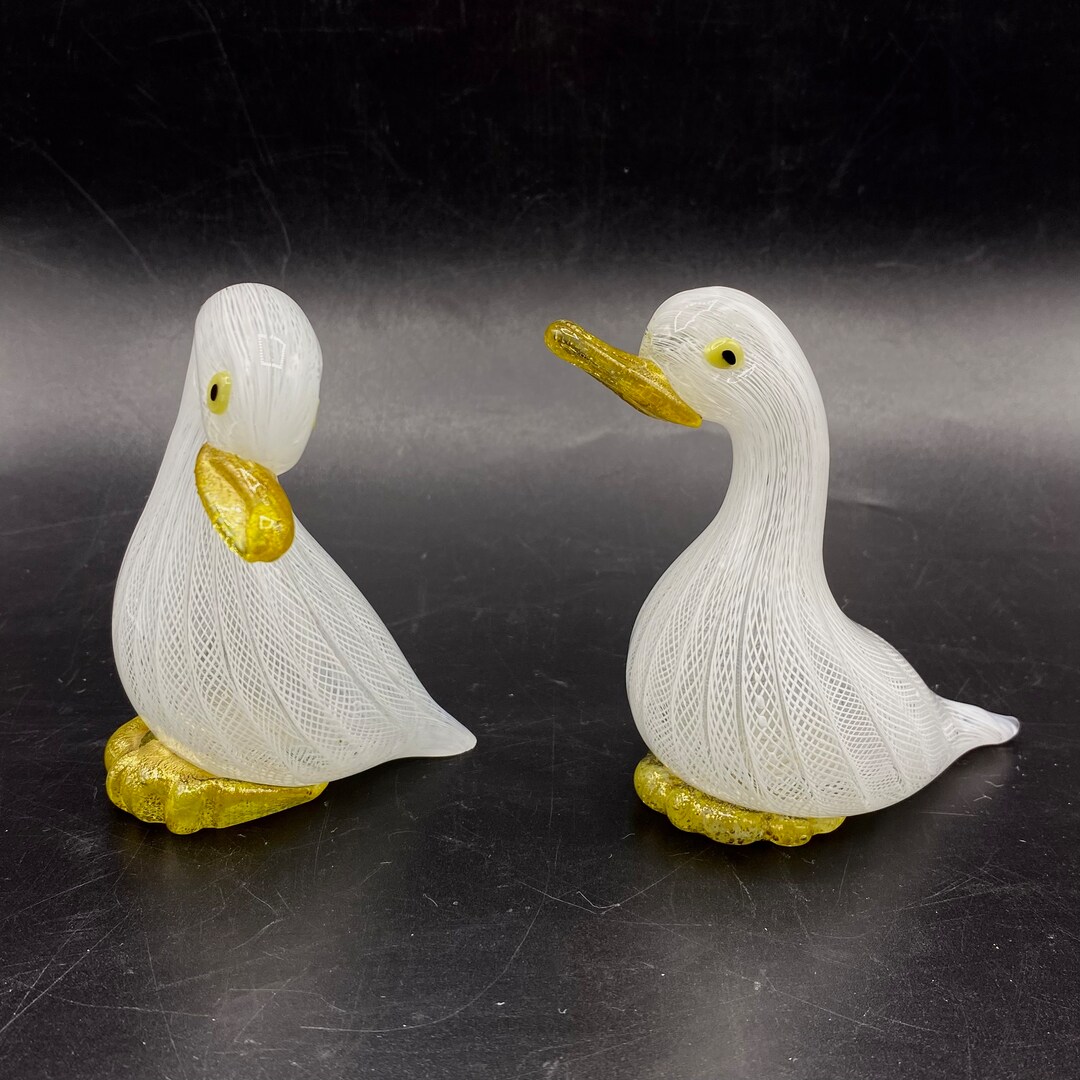 Vintage Venetian Murano Italy White and Gold Latticino Zanfirico Ducks ...