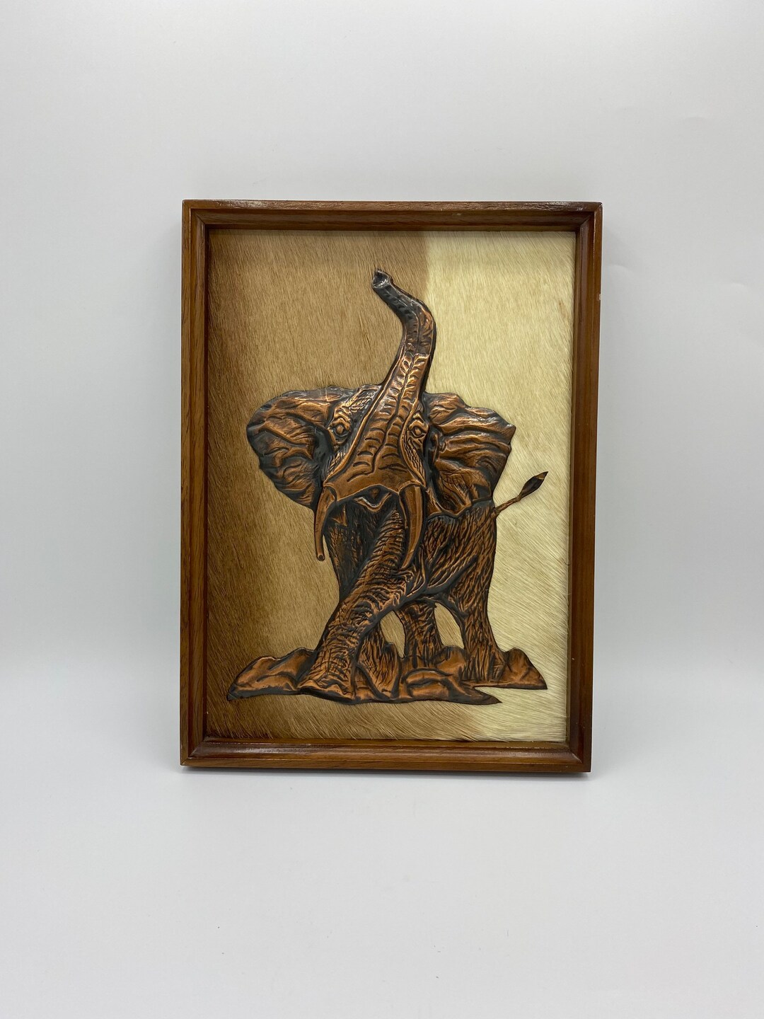 Vintage Raised Copper Relief Elephant Art in Teak Frame With Cow Hide ...