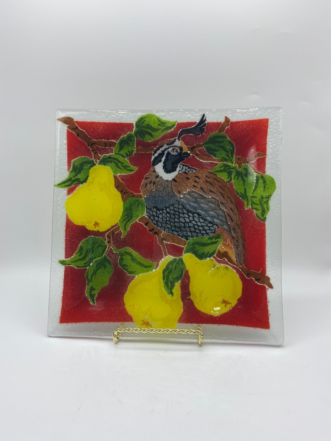 Peggy Karr Fused Glass Quail and Pear Plate Fused Glass Bird - Etsy