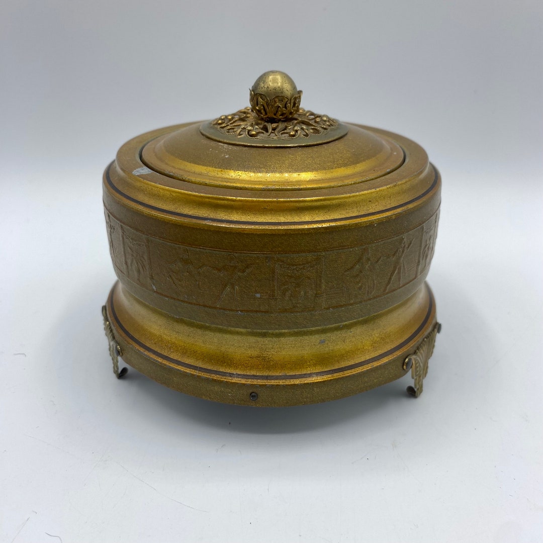 Antique Gold Filigree Footed Powder Puff Music Box, Vintage Dresser Box ...