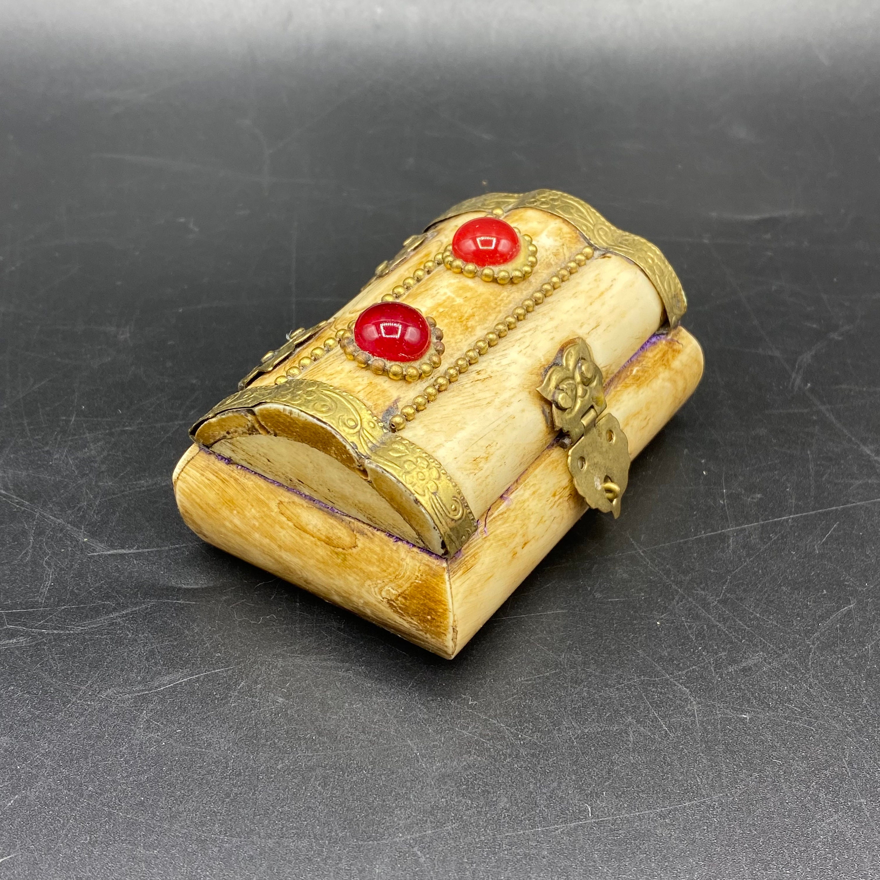 Vintage Handmade Camel Bone Trinket Box With Red Gems Brass Latch and ...