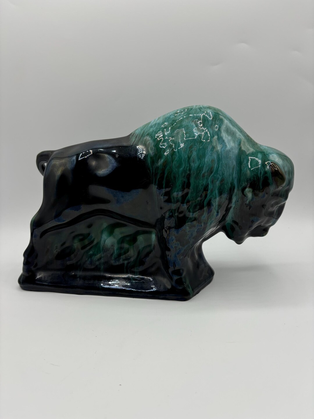 Vintage Large Blue Mountain Pottery Charging Bison Buffalo Green Flow ...