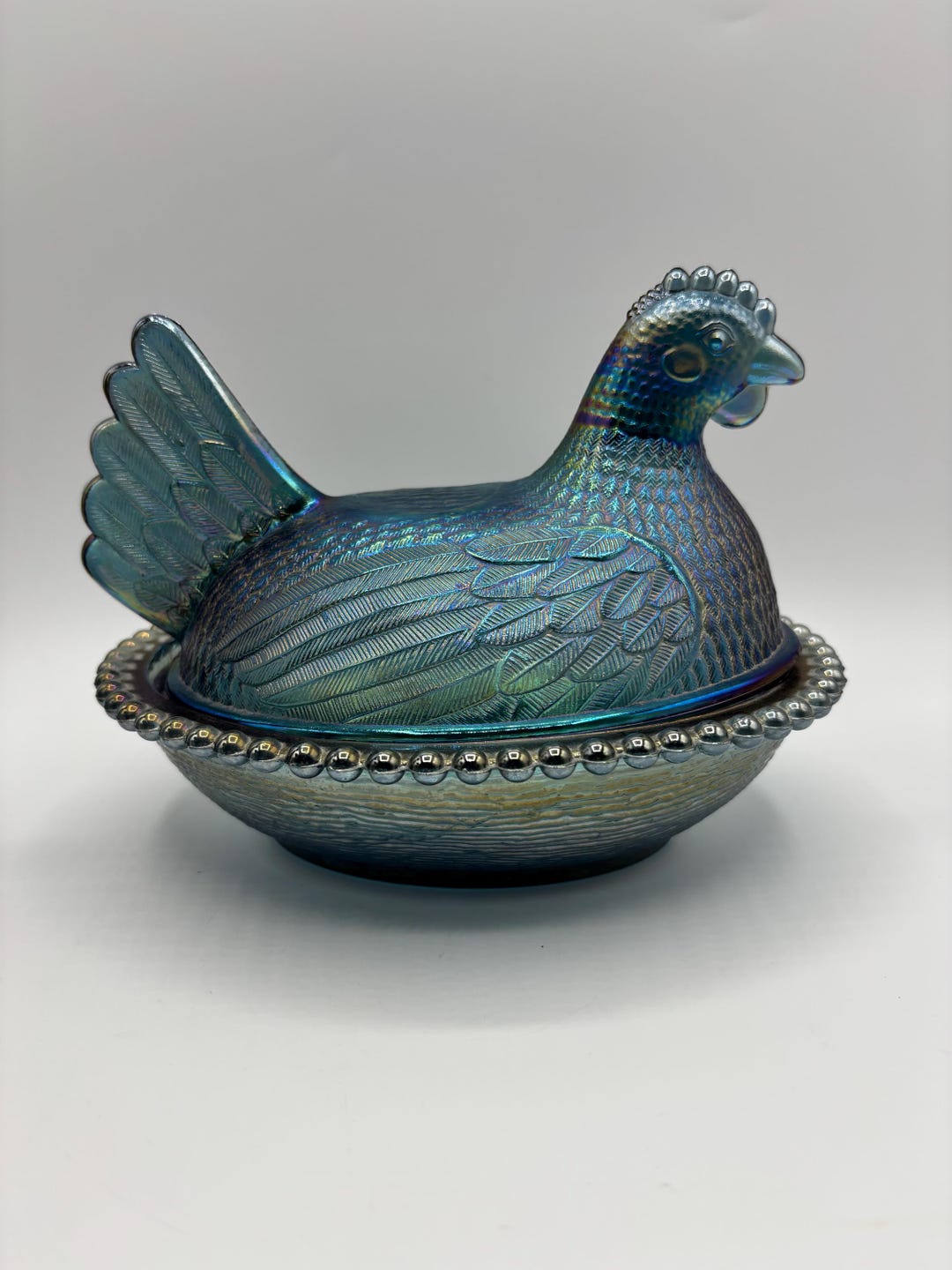 Vintage Indiana Glass Iridescent Blue Hen on Nest Candy Dish - Etsy