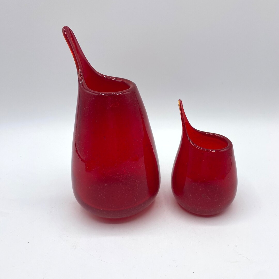 Vintage Ruby Red Art Glass Bud Vases - Teardrop Hand Blown Set - Etsy