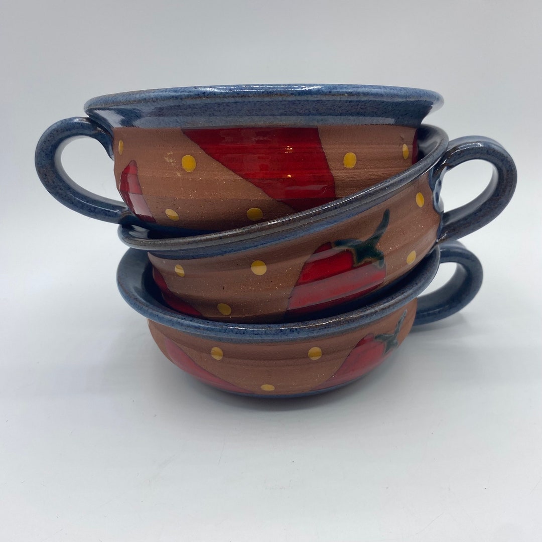 Vintage Southwest Redware Pottery Bowl Set: Hand-painted Chili Peppers ...