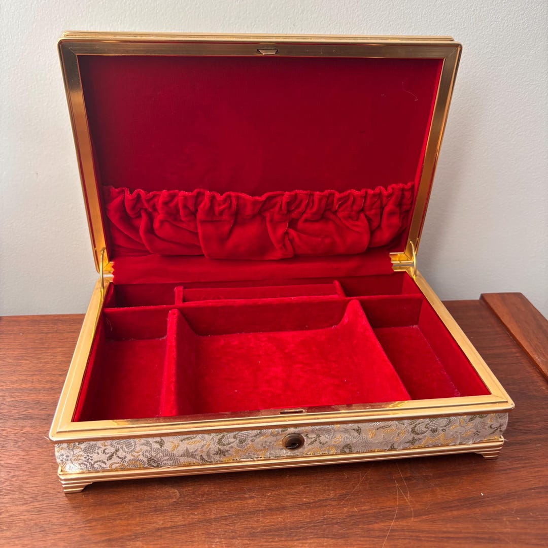 Vintage Art Nouveau Gold Brocade Rectangular Jewelry Box With Red ...
