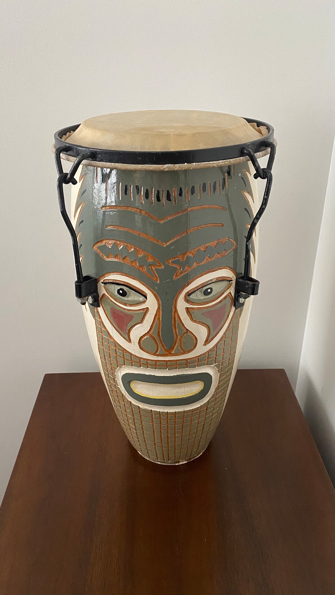 Vintage Carved Wood Tiki Conga Drum: Colorful Painted Percussion, Tiki ...