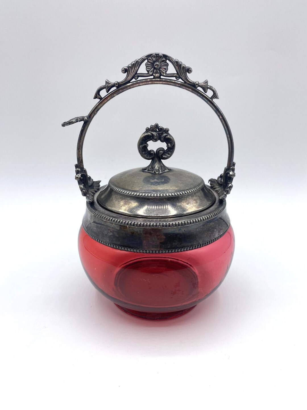 Antique Victorian Cranberry Glass Jam Jar Bowl With Silverplate Lid and ...