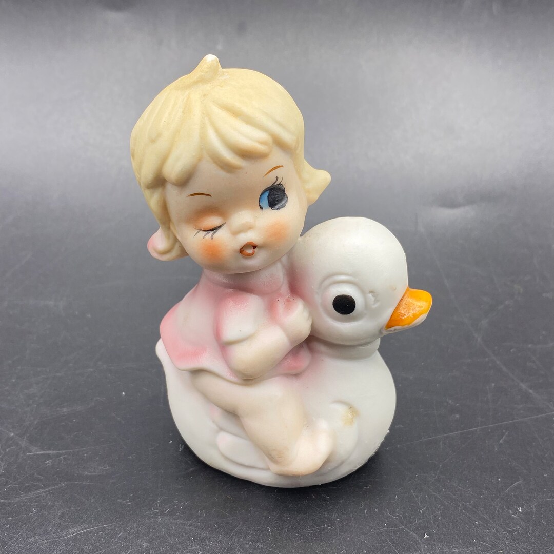 Vintage Winky Eye Baby Girl Riding Duck Bisque Porcelain Figurine ...