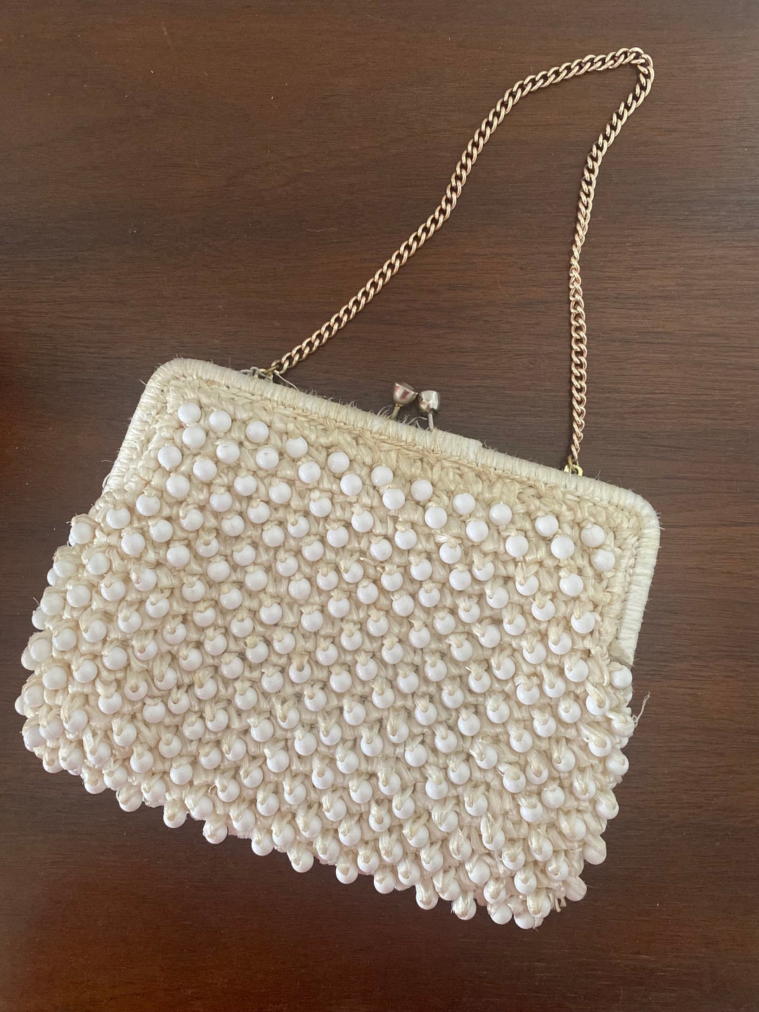 Vintage Pearl Bead White Clutch Handbag Evening Bag Made in Japan ...