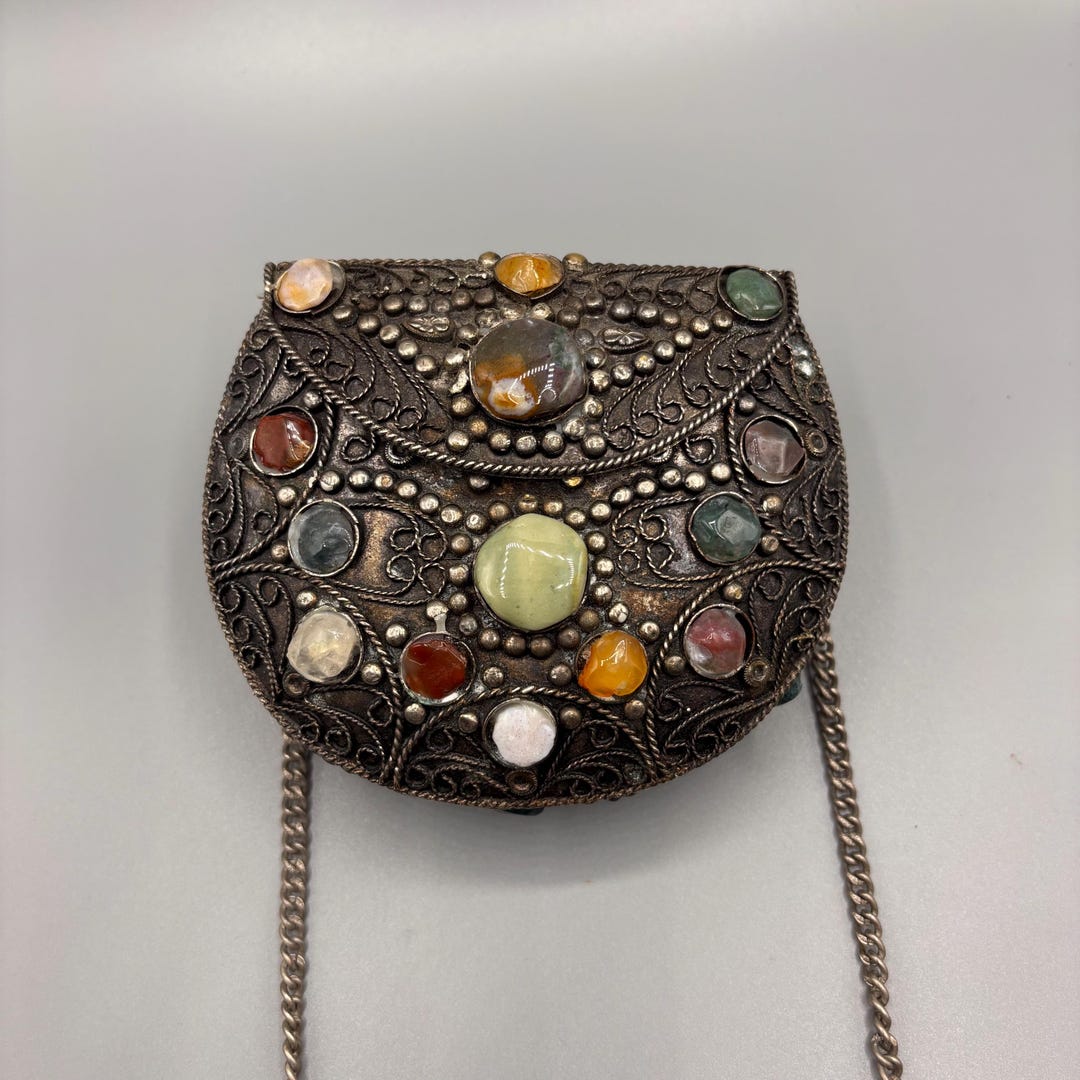 Vintage Sajai Silver Handcrafted Metal Crossbody Purse With Natural ...