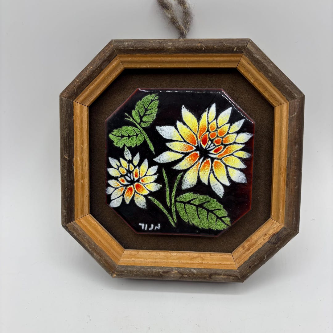 Vintage MCM Enamel on Copper White Yellow Flower Framed Painting Manor ...