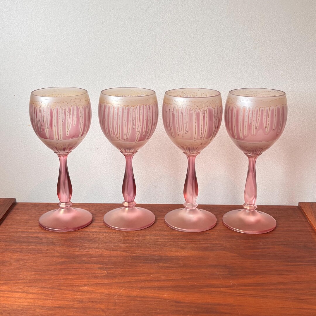Vintage Rueven Art Glass Wine Glasses: Pink Purple Drip Glaze, Set of 4 ...