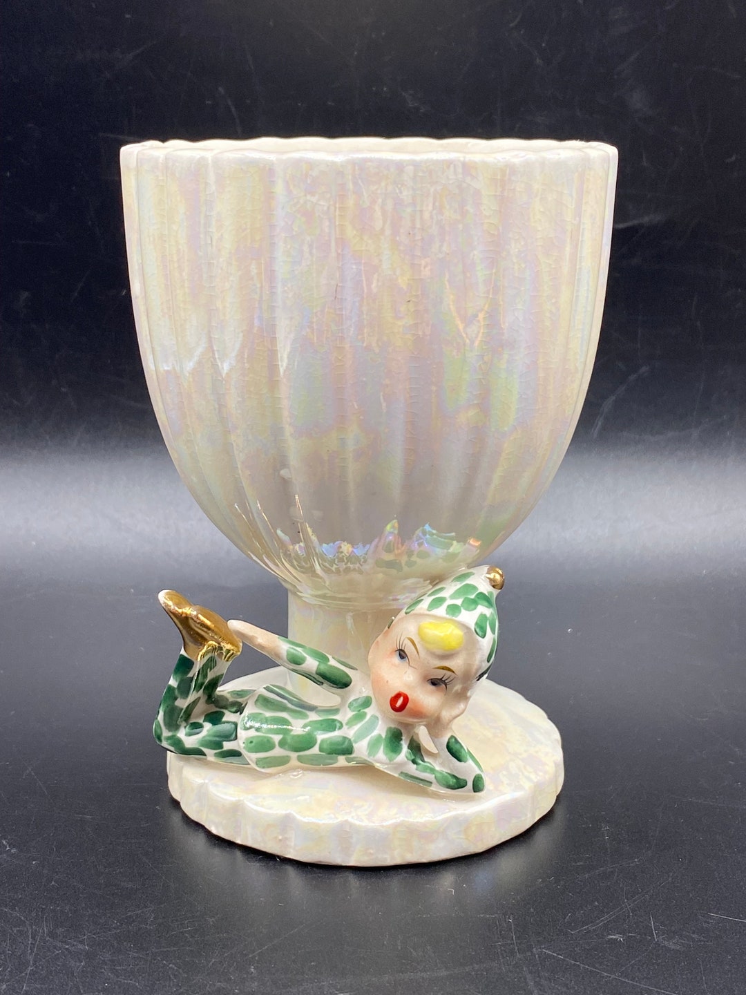Vintage Lefton ESD Green and Gold Pixie Elf Lusterware Planter Pedastal ...