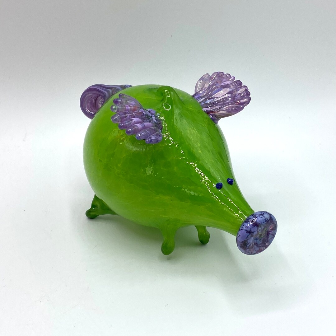 Vintage Studio Art Glass Green Purple Flying Pig, the 3 Crows Quebec ...
